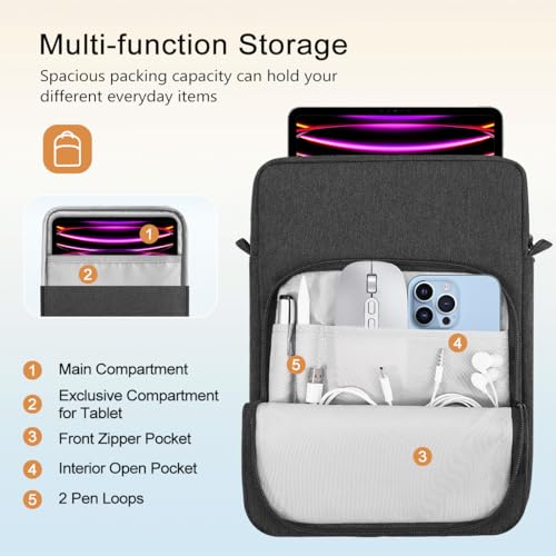 TiMOVO 13 Inch Tablet Sleeve Handbag with Shoulder Strap for iPad Air 13", iPad Pro 13", iPad Pro 12.9", Galaxy Tab S9+/S9 Plus/S10+/S10 Plus/S9 FE+/S9 FE Plus 12.4", Black & Gray