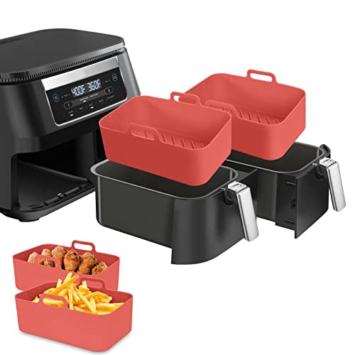 2pcs Silicone Air Fryer Liners, Air Fryer Silicone Liner Reusable - Food Safe Non Stick Air Fryer Basket Accessories Replacement Baking Tray for Ninja Dual Dz201 Dualzone - Easy Cleaning (Orange)