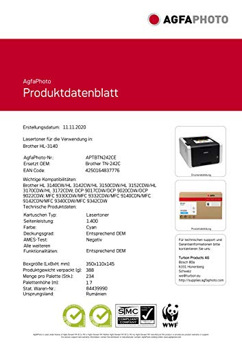 AgfaPhoto Toner Cyan Pages: 1.400, APTBTN242CE (Pages: 1.400 Replaces Brother TN-242 C)