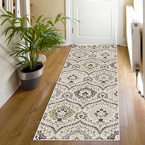 Superior Indoor Runner Rug, Jute Backed, Modern Oriental Floral Damask Floor Decor for Office, Living Room, Bedroom, Entryway, Nursery Hardwood, Tile, Augusta Collection - 2ft 7in x 6ft, Beige Brown