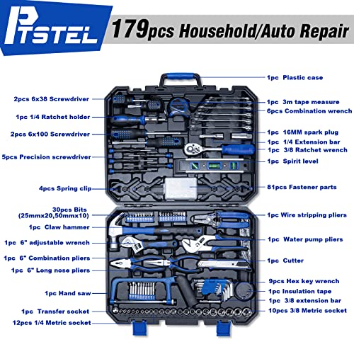 Home/Auto Repair Tool Kit, PTSTEL 179 Piece General Household Hand Tool Set For Apartment, Garage, Dorm and Office Use With Solid Carrying Tool Box