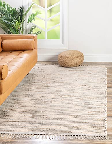 Unique Loom Chindi Jute Collection Area Rug (10' x 14' 1" Rectangle, Natural/ Ivory)