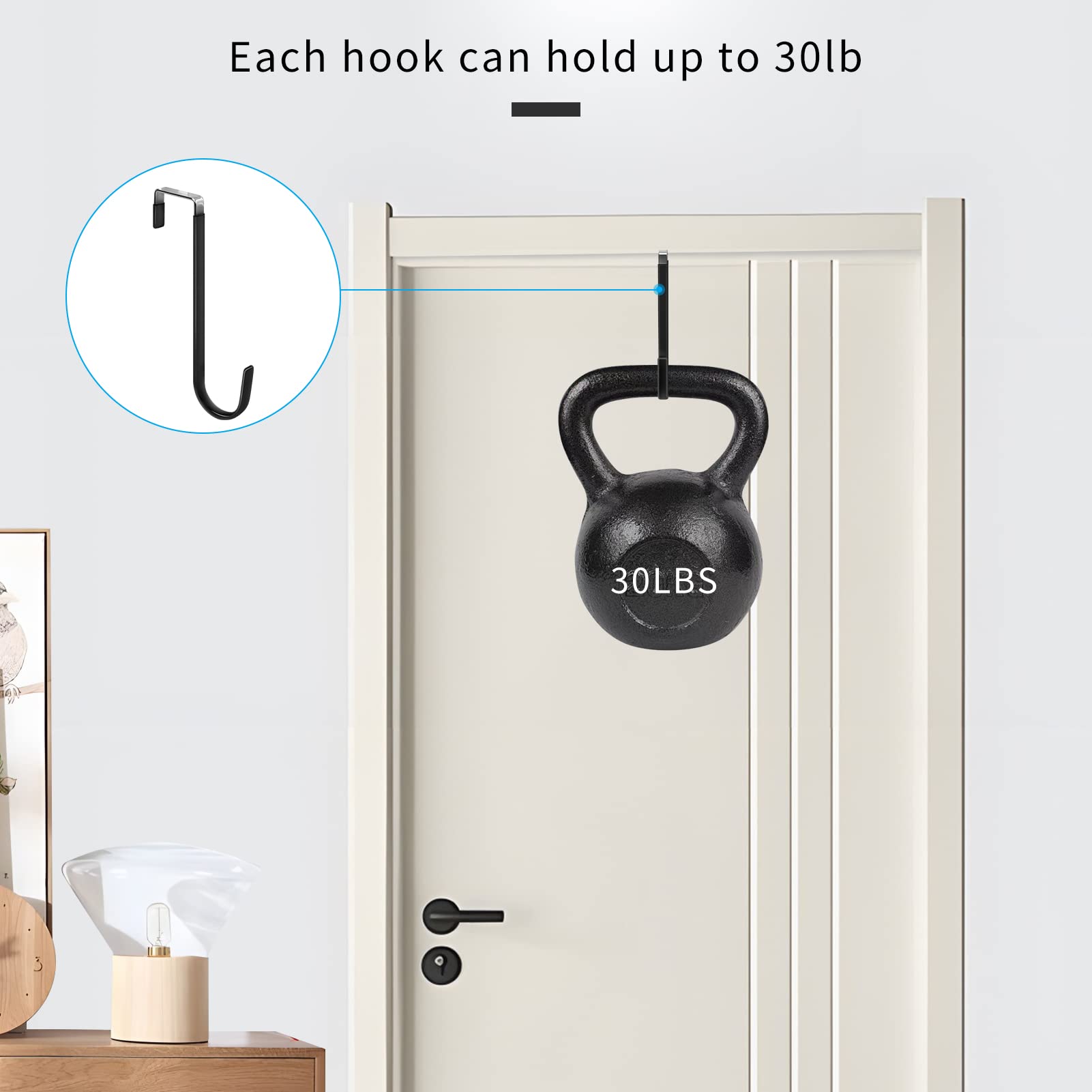 FYY Over The Door Hooks, 4 Pack Upgraded Long Door Hangers Hooks with Rubber Prevent Scratches Heavy Duty Organizer Hooks for Hanging Clothes, Towels, Hats, Coats, Bags Black