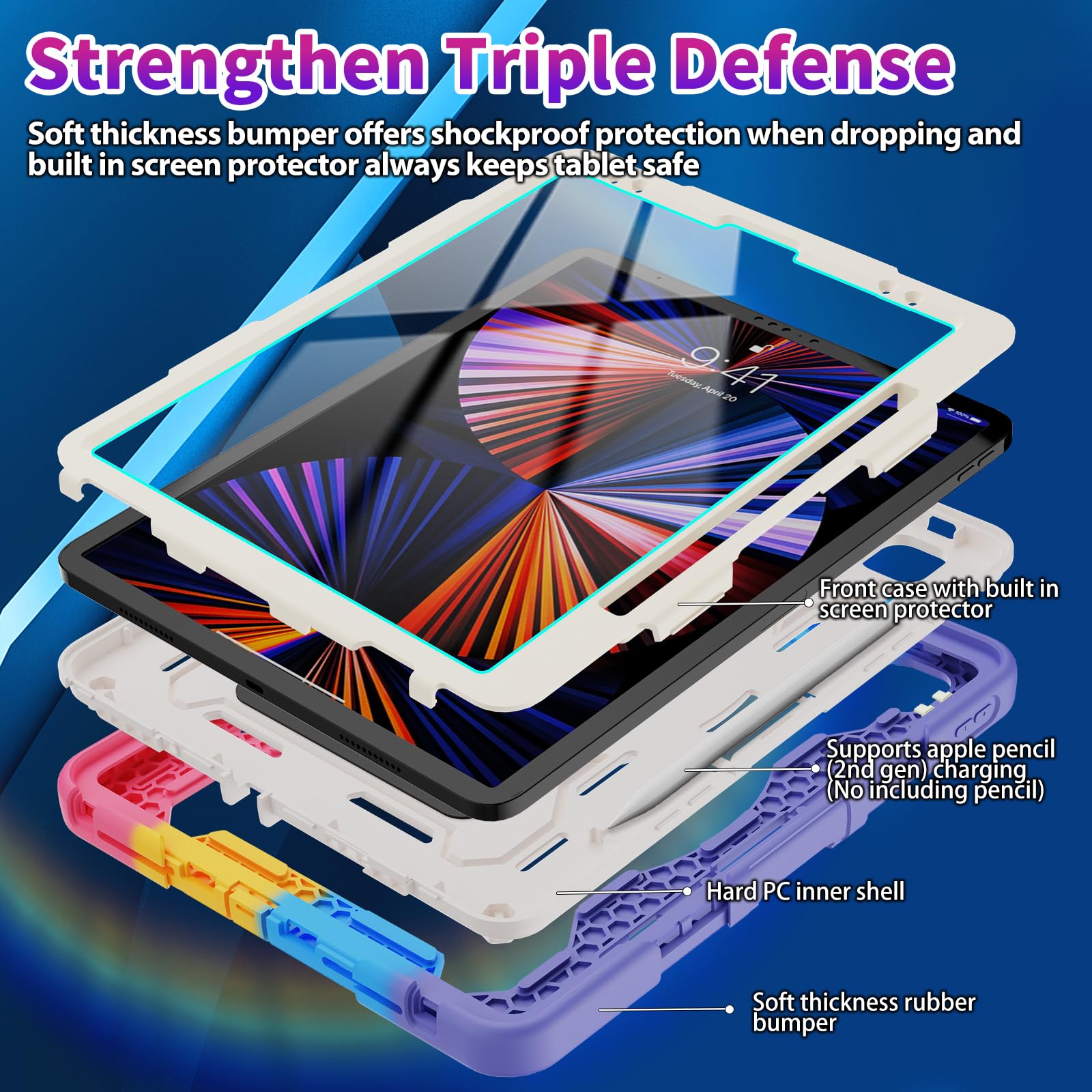 ROISKIN for iPad Pro 12.9 -Inch Case (6th, 5th, 4th & 3rd Gen) with HD Screen Protector, 360 Stand, Hand Strap, Pencil Holder,Shoulder Strap,Rugged Bulky Full Body 12.9 iPad Pro Case
