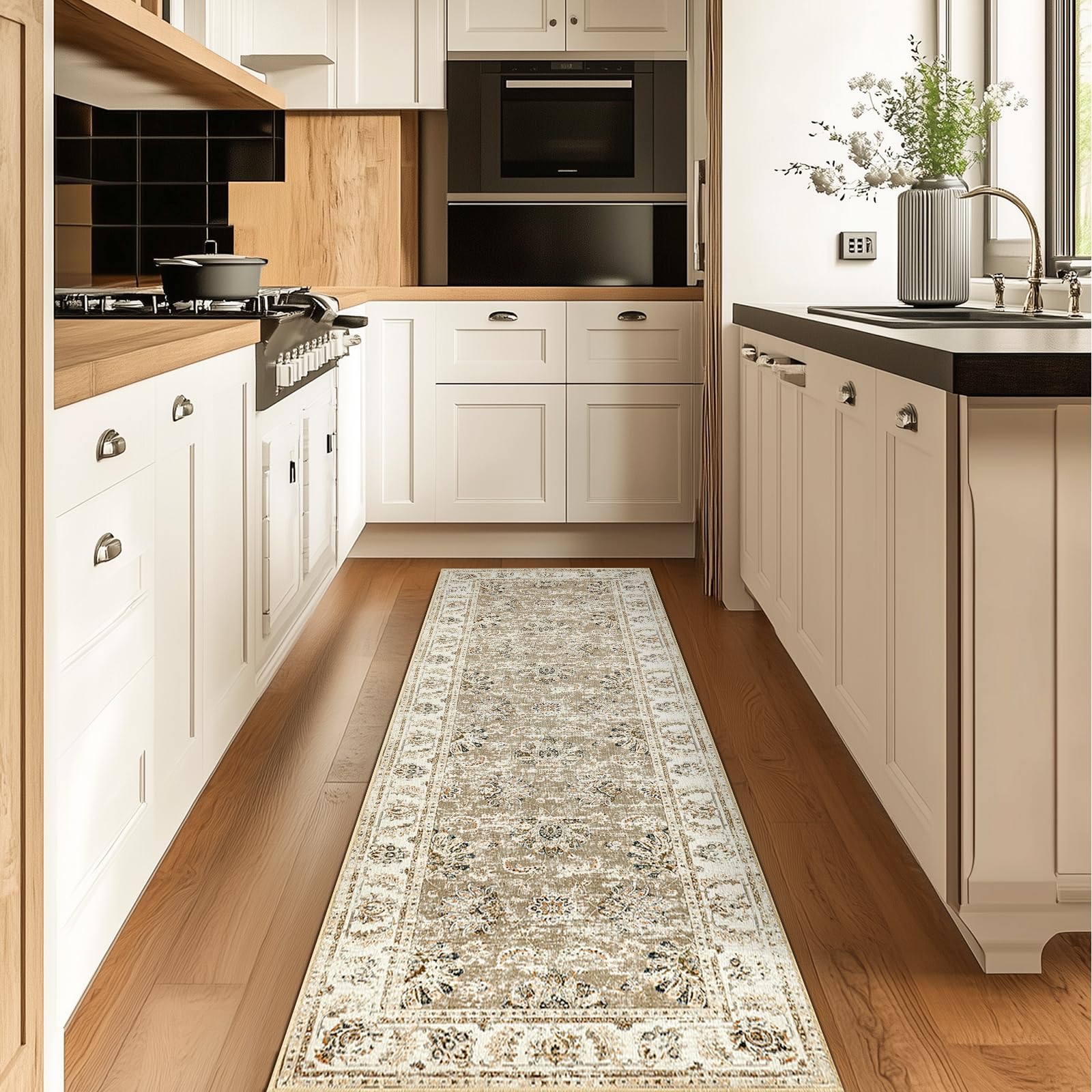 jinchan Hallway Runner Rug 2x10 Machine Washable Runner Rug Taupe Vintage Floral Design Non-Slip Ultra-Thin for Kitchen Laundry Room Bedroom Farmhouse (2‘x10',Taupe)