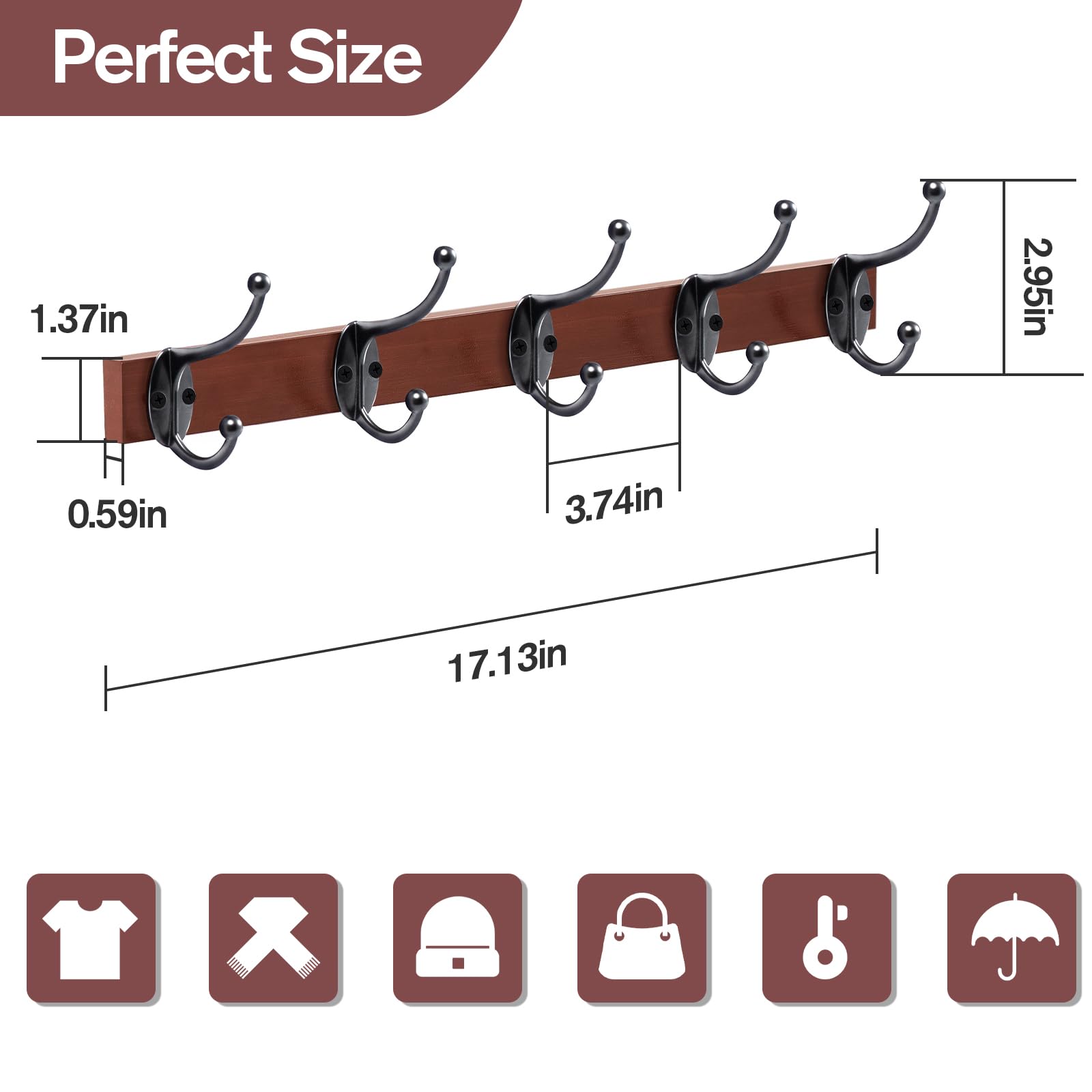 Zhithink Coat Hooks for Wall, Wall Mounted Coat Rack, Coat Hooks Wall Mount, 5 Hooks for Jacket Coat Hat, Pre-Assembled Wall Coat Rack for Entryway Bathroom Bedroom (1 Pack 17.13'' x 1.37'' x 0.59'')