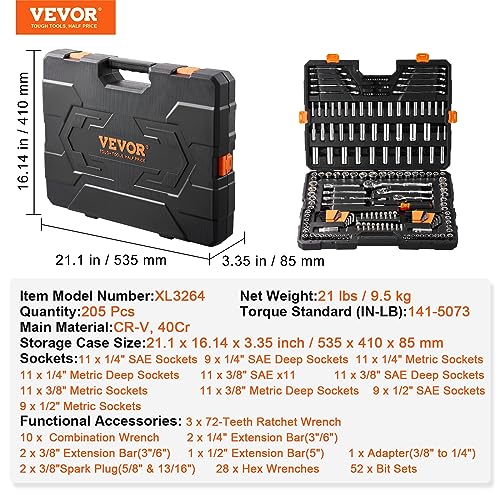 VEVOR Mechanics Tool Set, 205 Pcs SAE and Metric Sockets, 1/4" 3/8" 1/2" Drive Deep and Standard Sockets, Chrome Vanadium Steel, Polyethylene