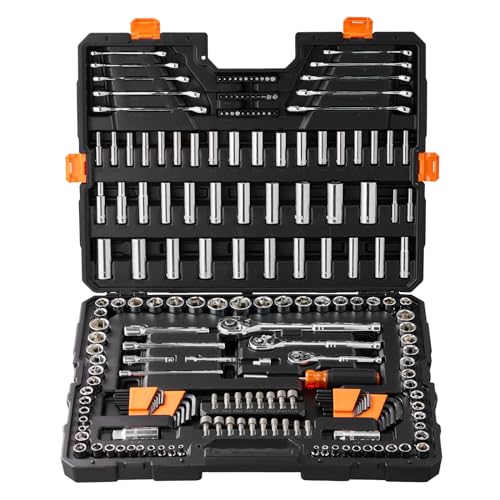 VEVOR Mechanics Tool Set, 205 Pcs SAE and Metric Sockets, 1/4" 3/8" 1/2" Drive Deep and Standard Sockets, Chrome Vanadium Steel, Polyethylene