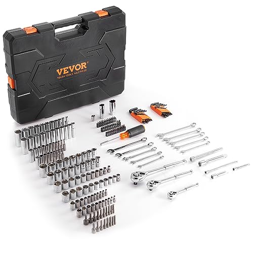 VEVOR Mechanics Tool Set, 205 Pcs SAE and Metric Sockets, 1/4" 3/8" 1/2" Drive Deep and Standard Sockets, Chrome Vanadium Steel, Polyethylene