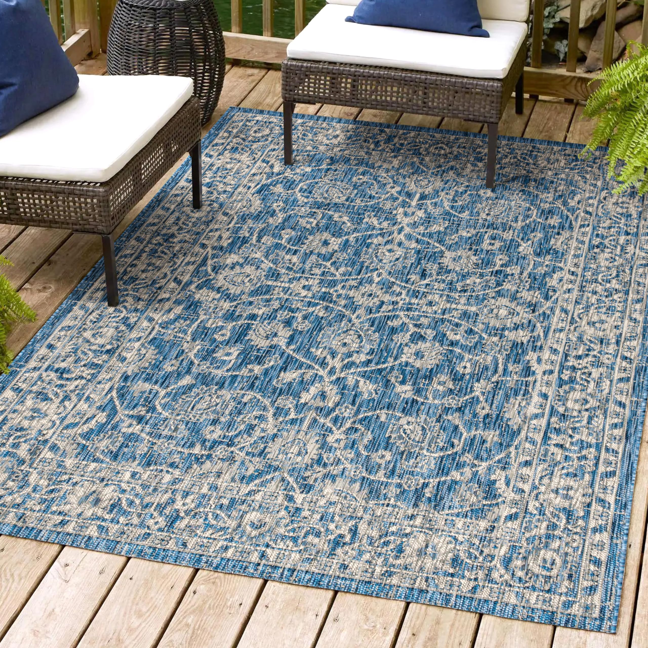 JONATHAN Y SMB103A-8 Palazzo Vine and Border Textured Weave Indoor Outdoor Area-Rug Coastal Bohemian Rustic Glam Easy-Cleaning Bedroom Kitchen Backyard Patio Non Shedding, 8 X 10, Navy/Gray