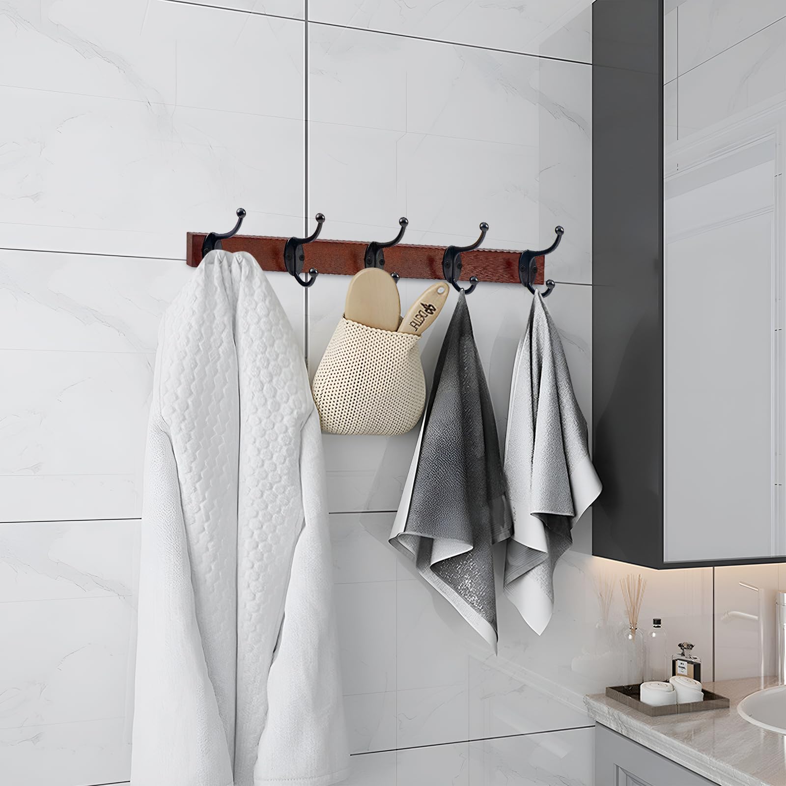 Zhithink Coat Hooks for Wall, Wall Mounted Coat Rack, Coat Hooks Wall Mount, 5 Hooks for Jacket Coat Hat, Pre-Assembled Wall Coat Rack for Entryway Bathroom Bedroom (1 Pack 17.13'' x 1.37'' x 0.59'')