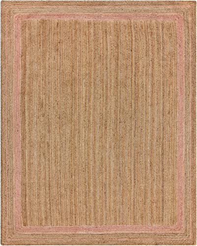 Well Woven Larkspur Border Pattern Contemporary Blush & Natural Color Hand-Braided Basket Weave Jute 5' X 7'6" Area Rug