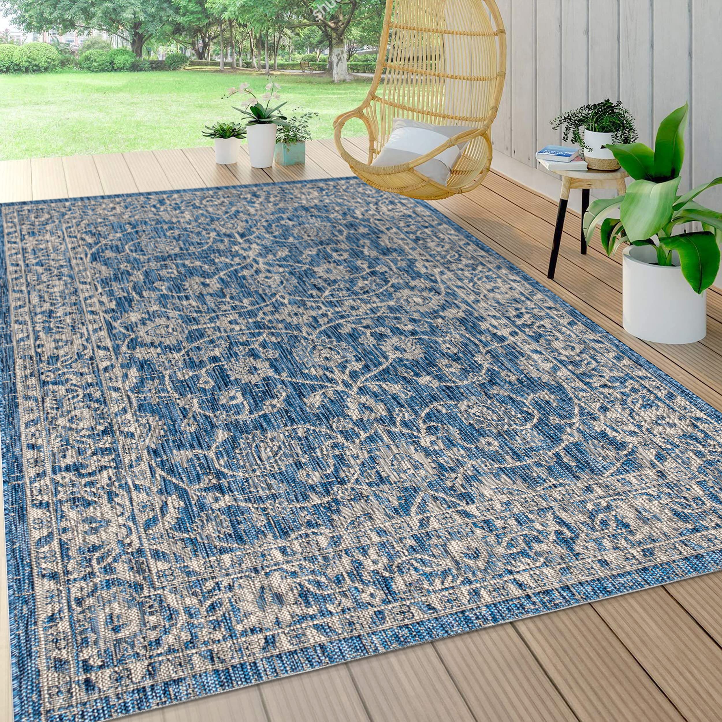 JONATHAN Y SMB103A-8 Palazzo Vine and Border Textured Weave Indoor Outdoor Area-Rug Coastal Bohemian Rustic Glam Easy-Cleaning Bedroom Kitchen Backyard Patio Non Shedding, 8 X 10, Navy/Gray