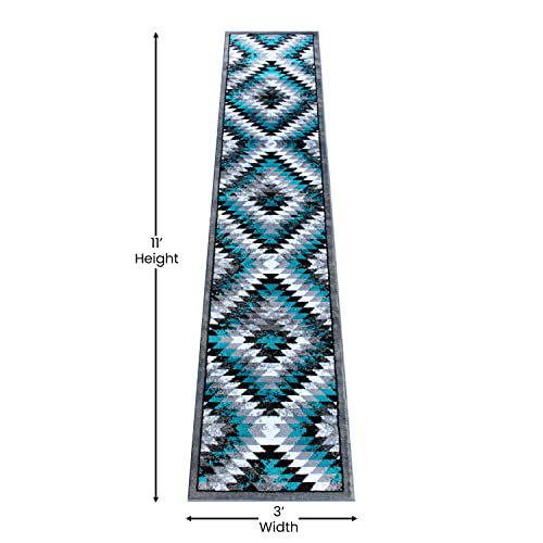 Flash Furniture Teagan Collection Southwestern Style Area Rug - Olefin Turquoise Accent Rug - 2' x 11' - Jute Backing - Entryway, Living Room, Bedroom