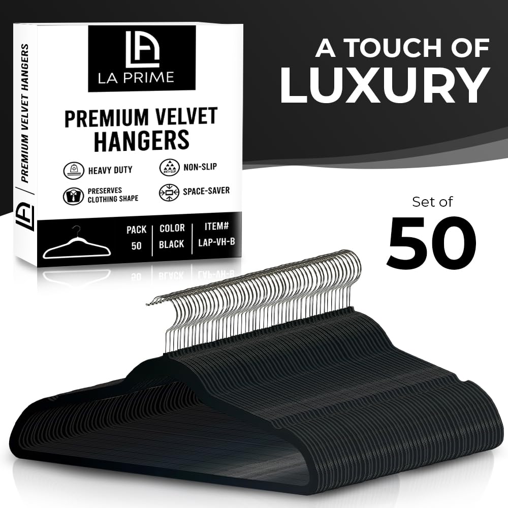 LA PRIME Premium Black Velvet Hangers 50 Pack, 360 Degree Rotating Hook, Space Saving, Heavy Duty, Non Slip, No Hanger Marks, Coat Hanger for Closet, Clothes Hangers, Ganchos para Colgar Ropa