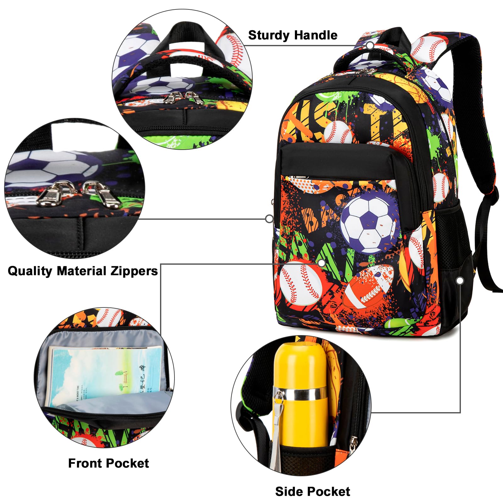LEDAOU School Backpack Teen Boys Kids Bookbag Daypack School Bag (Ball Graffiti)