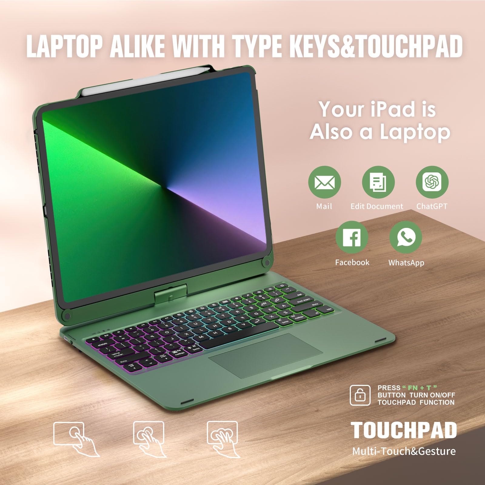 BABG Keyboard Case for iPad Air 13 inch, iPad Pro 12.9(6th/5th /4th/3rd Gen) Case with Keyboard,360° Rotatable,Mulit-Toupad,Backlits,Wireless,Pencil Charging-Green