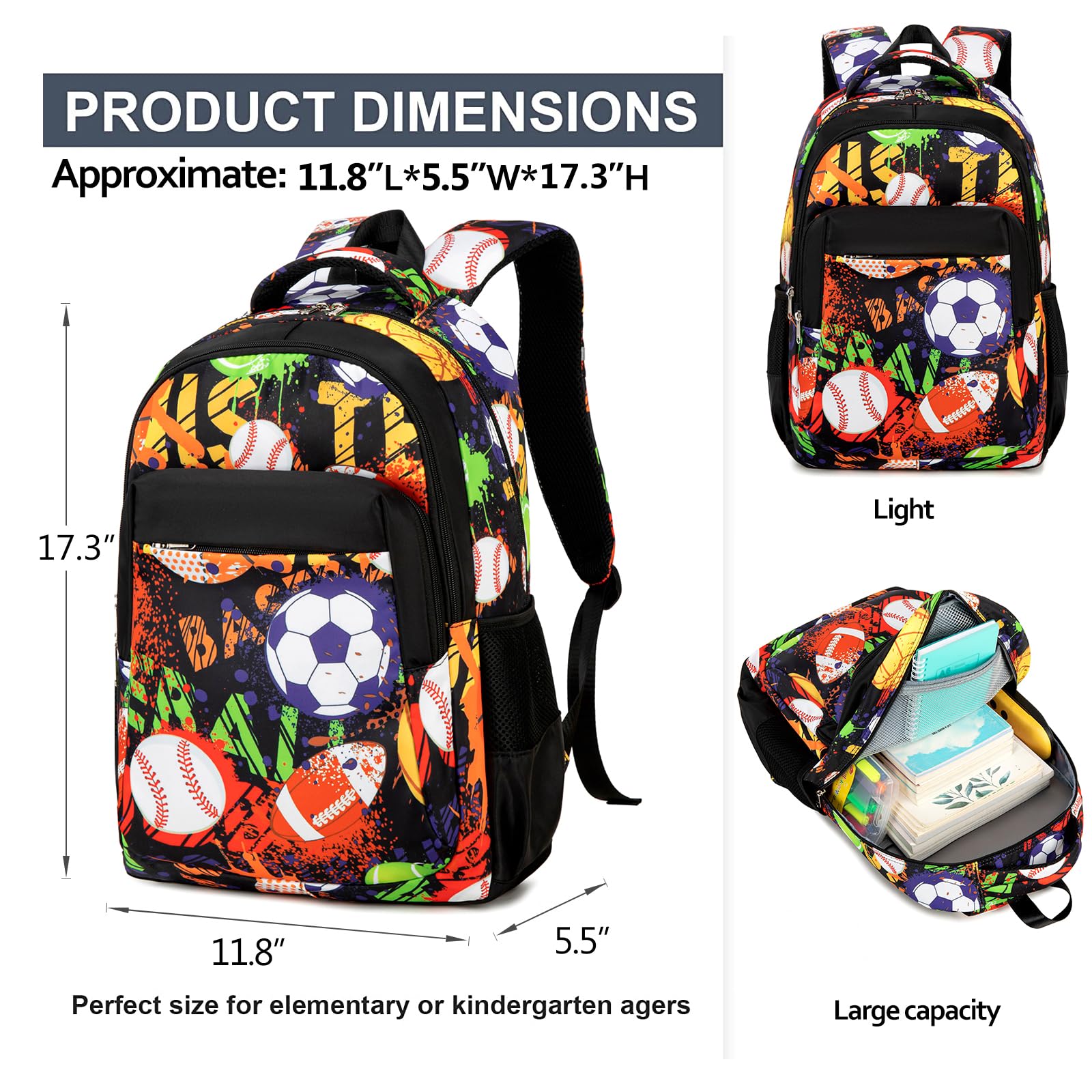 LEDAOU School Backpack Teen Boys Kids Bookbag Daypack School Bag (Ball Graffiti)