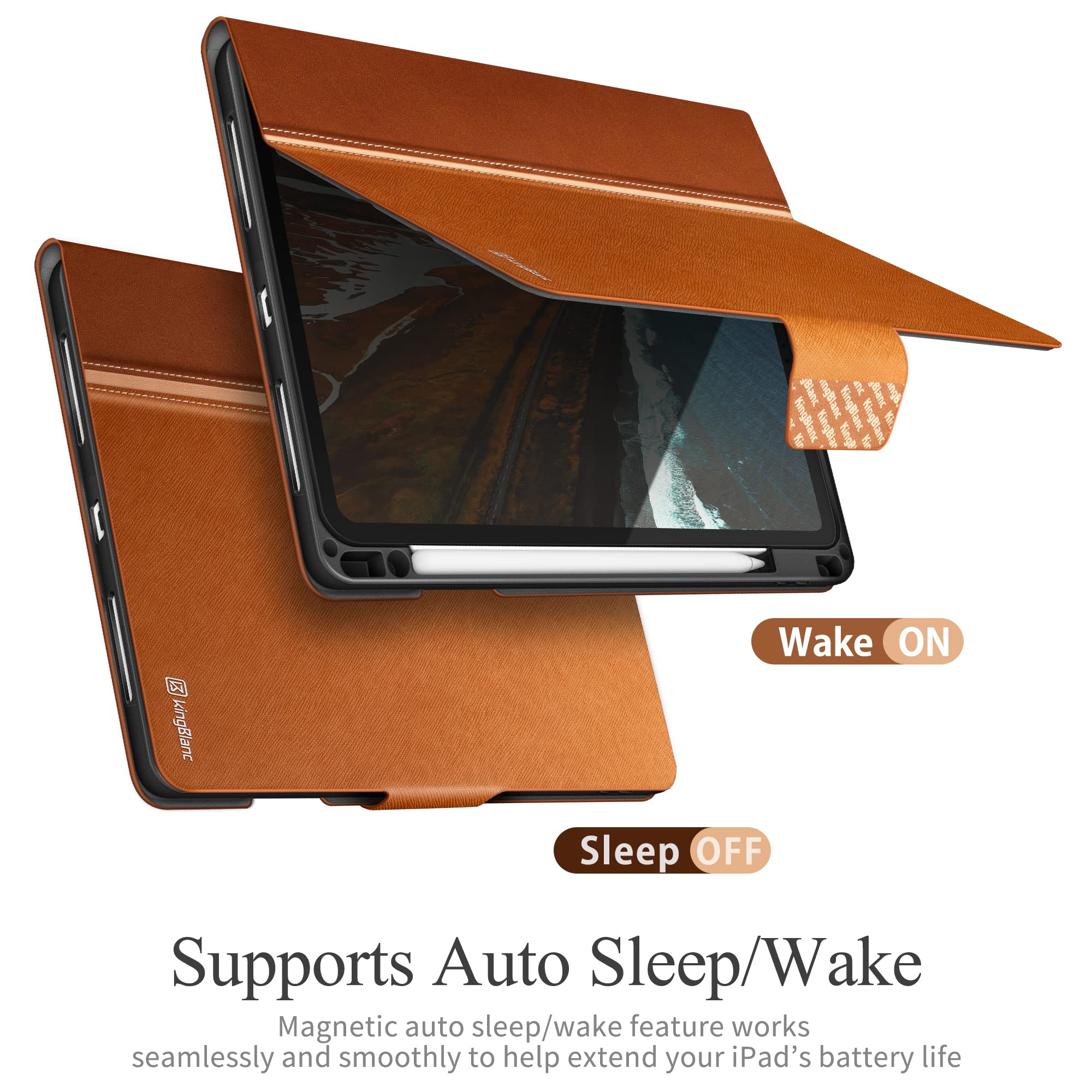 KingBlanc for iPad Pro 12.9 Case 6th/5th/4th/3rd Generation (2022/2021/2020) with Pencil Holder, PU Leather Smart Stand Cover, Auto Sleep/Wake, Apple Pencil2 Charging, Multi-Angle for Typing, Brown