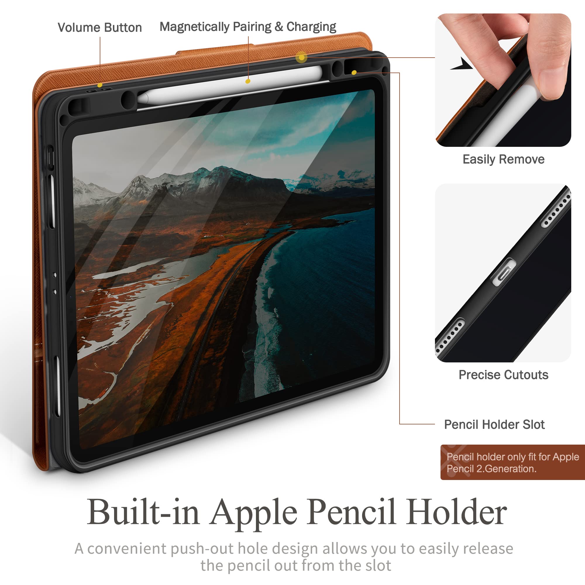 KingBlanc for iPad Pro 12.9 Case 6th/5th/4th/3rd Generation (2022/2021/2020) with Pencil Holder, PU Leather Smart Stand Cover, Auto Sleep/Wake, Apple Pencil2 Charging, Multi-Angle for Typing, Brown
