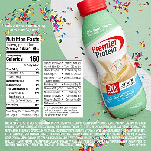 Premier Protein Shake, Cake Batter, 30g Protein, 1g Sugar, 24 Vitamins & Minerals, Nutrients to Support Immune Health, 11.5 Fl Oz, 12 Count