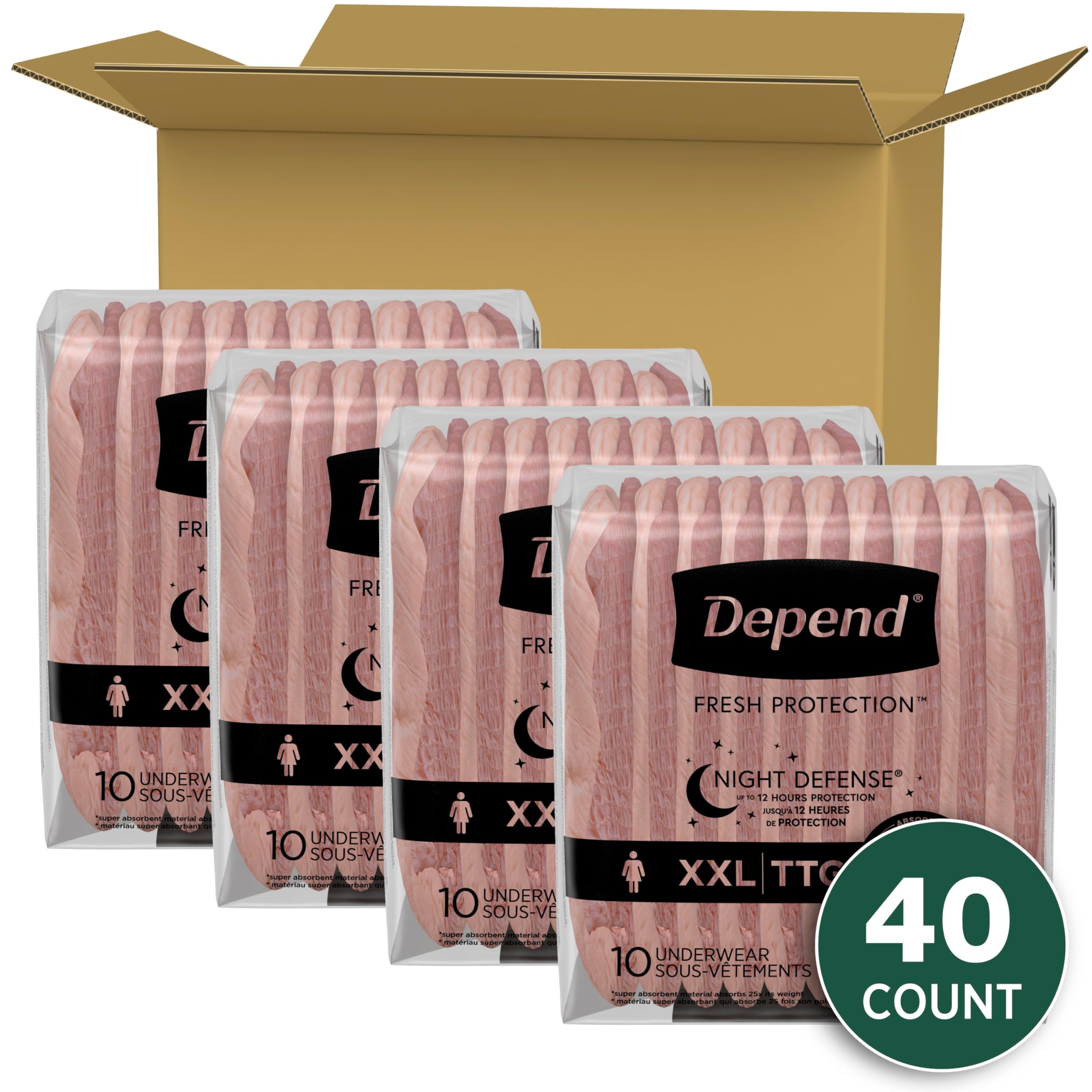 Depend Night Defense Adult Incontinence & Postpartum Bladder Leak Underwear for Women, Disposable, Overnight, Extra-Extra-Large, Blush, 40 Count (4 Packs of 10), Packaging May Vary