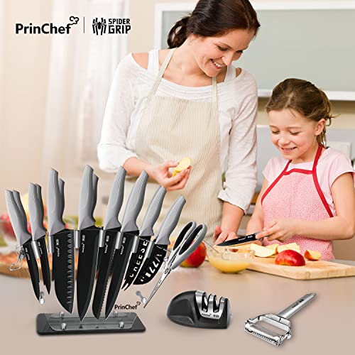 PrinChef Knife Set, 19 Pcs Rust Proof Knives Set for Kitchen, with Acrylic Stand, Sharpener, Scissors and Peeler, Stainless Steel knife sets with Black Coating, Nonstick and No Scratch