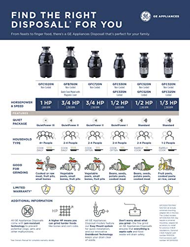 GE Continuous Feed Garbage Disposal, 1/2 Horsepower, Good for Grinding: Beans, Potatoes, Peels, and Cooked Meat, Easy Install Kit and Power Cord Included, Recommended for 2-4 Person Homes
