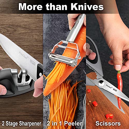 PrinChef Knife Set, 19 Pcs Rust Proof Knives Set for Kitchen, with Acrylic Stand, Sharpener, Scissors and Peeler, Stainless Steel knife sets with Black Coating, Nonstick and No Scratch