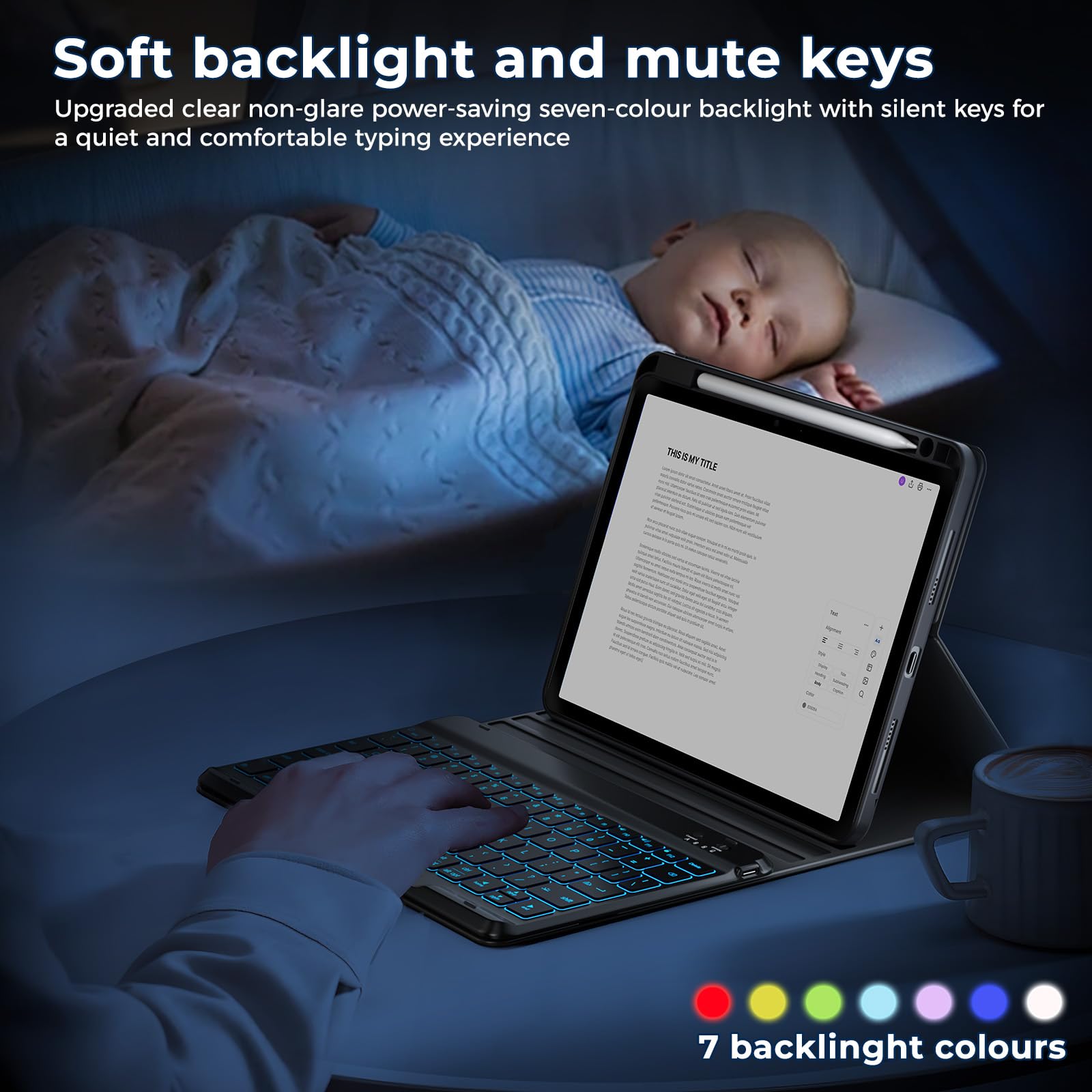 OYEEICE Keyboard Case for iPad Pro 12.9 inch (6th, 5th, 4th Gen) & New Air 13 inch M2, 7 Color Backlit Detachable Wireless Keyboard, Auto Sleep/Wake Cover with Pencil Holder (2022 2021 2020) - Black