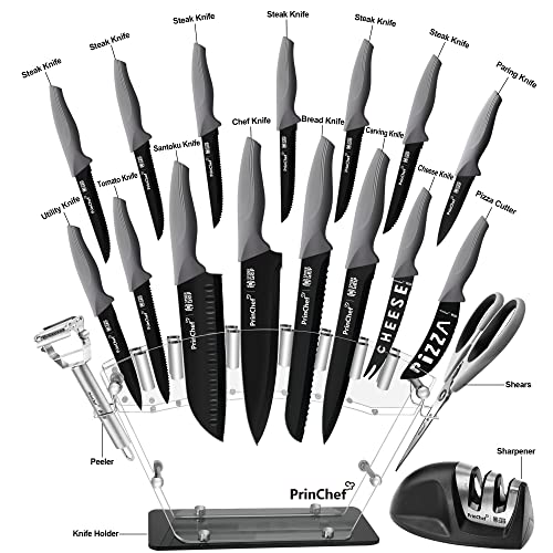 PrinChef Knife Set, 19 Pcs Rust Proof Knives Set for Kitchen, with Acrylic Stand, Sharpener, Scissors and Peeler, Stainless Steel knife sets with Black Coating, Nonstick and No Scratch