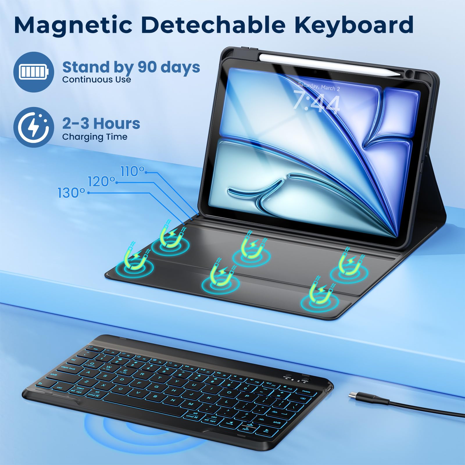OYEEICE Keyboard Case for iPad Pro 12.9 inch (6th, 5th, 4th Gen) & New Air 13 inch M2, 7 Color Backlit Detachable Wireless Keyboard, Auto Sleep/Wake Cover with Pencil Holder (2022 2021 2020) - Black