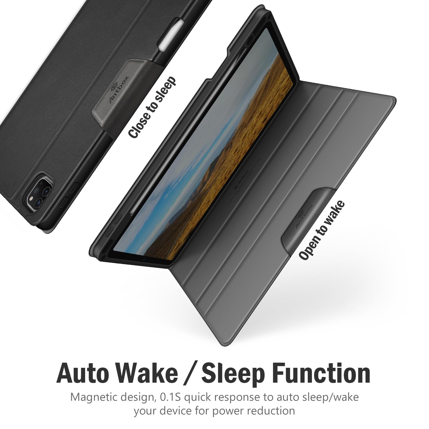 Antbox Case for iPad Pro 12.9'' 6th Generation (2022) 5th/4th/3rd Generation (2021/2020/2018), Built-in Pencil Holder Auto Sleep/Wake Function PU Leather Smart Cover (Black)