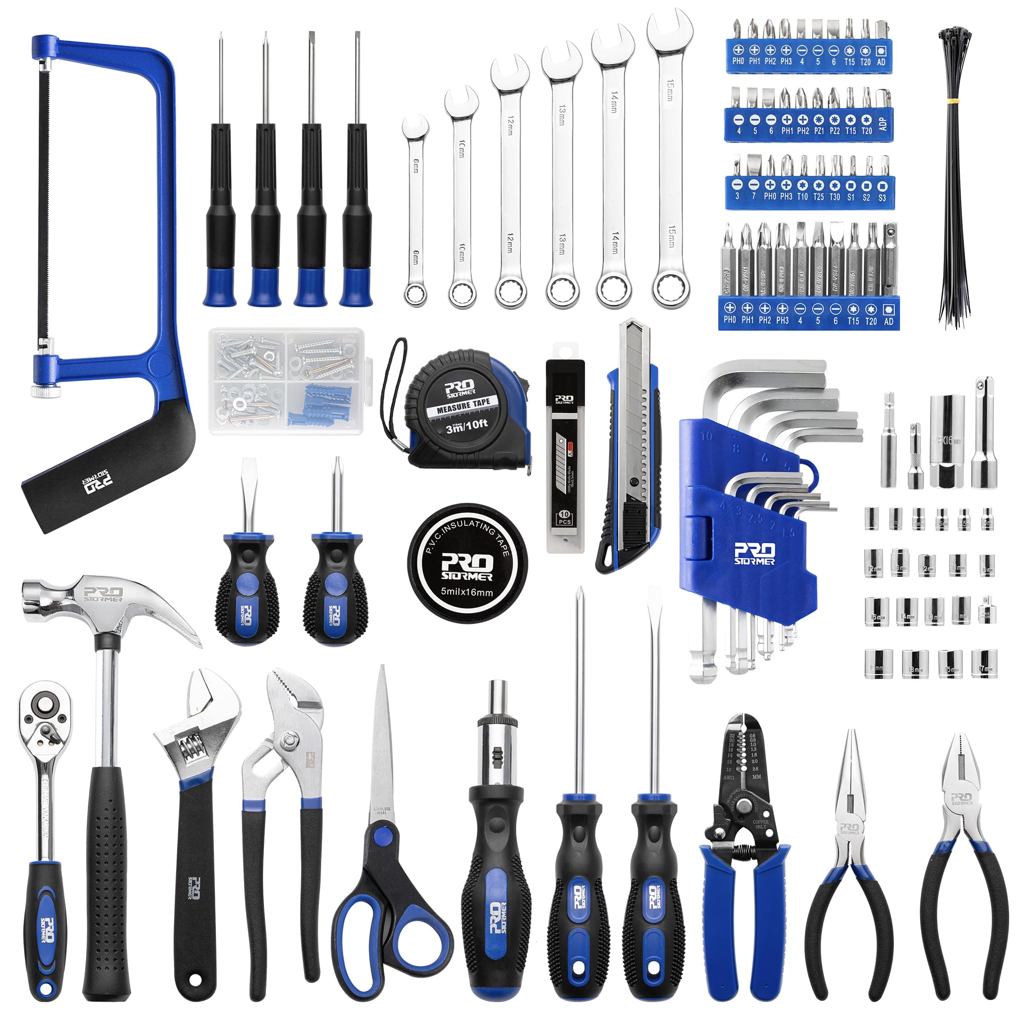 Prostormer 198-Piece General Household Hand Tool Set, Multi-Purpose Basic Home Repair Tool Kit with Wide Mouth Open Storage Tool Bag for DIY and Home Maintenance
