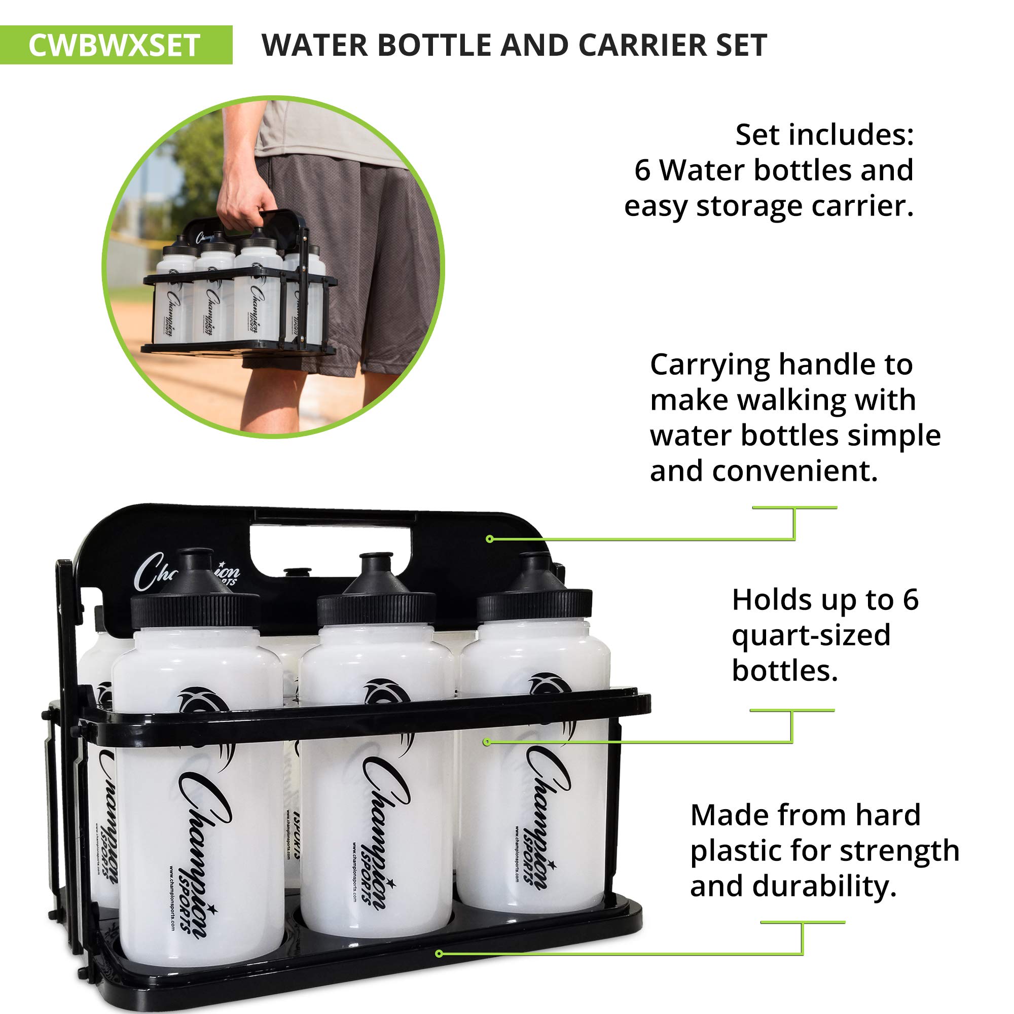 Champion Sports Plastic Water Bottle Set, Quart, Black