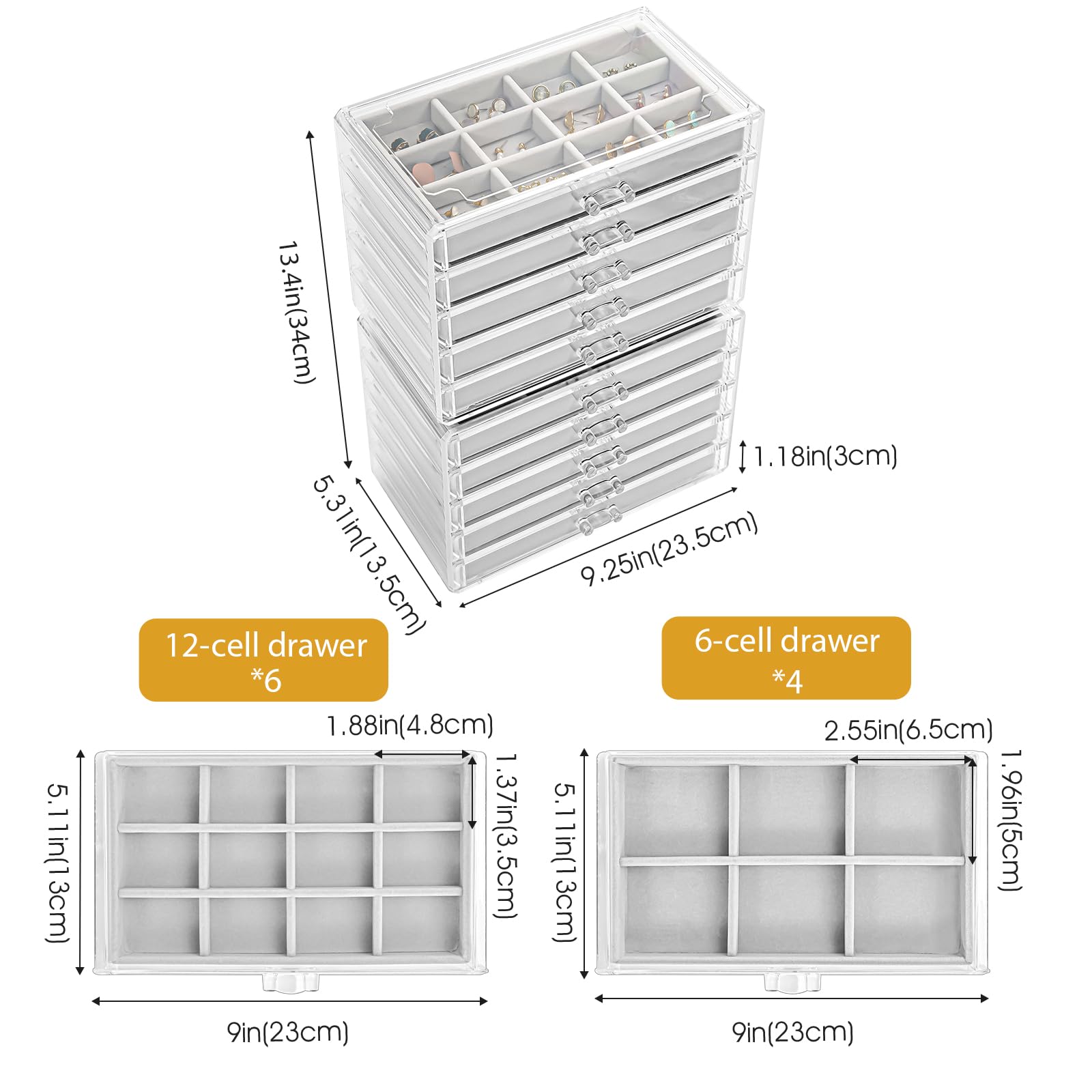 ProCase Earring Holder Organizer Jewelry Box with 10 Drawers, Acrylic Clear Earring Case with Adjustable Velvet Trays for Women - Grey, 10 Layers