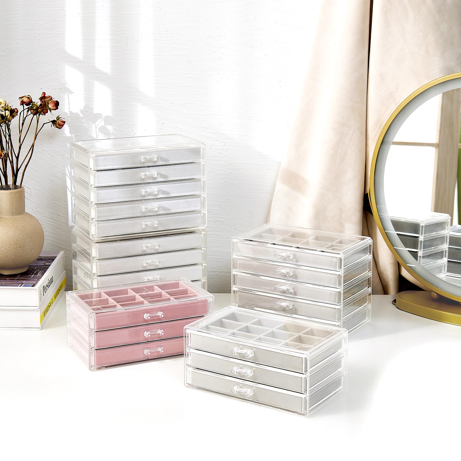 ProCase Earring Holder Organizer Jewelry Box with 10 Drawers, Acrylic Clear Earring Case with Adjustable Velvet Trays for Women - Grey, 10 Layers