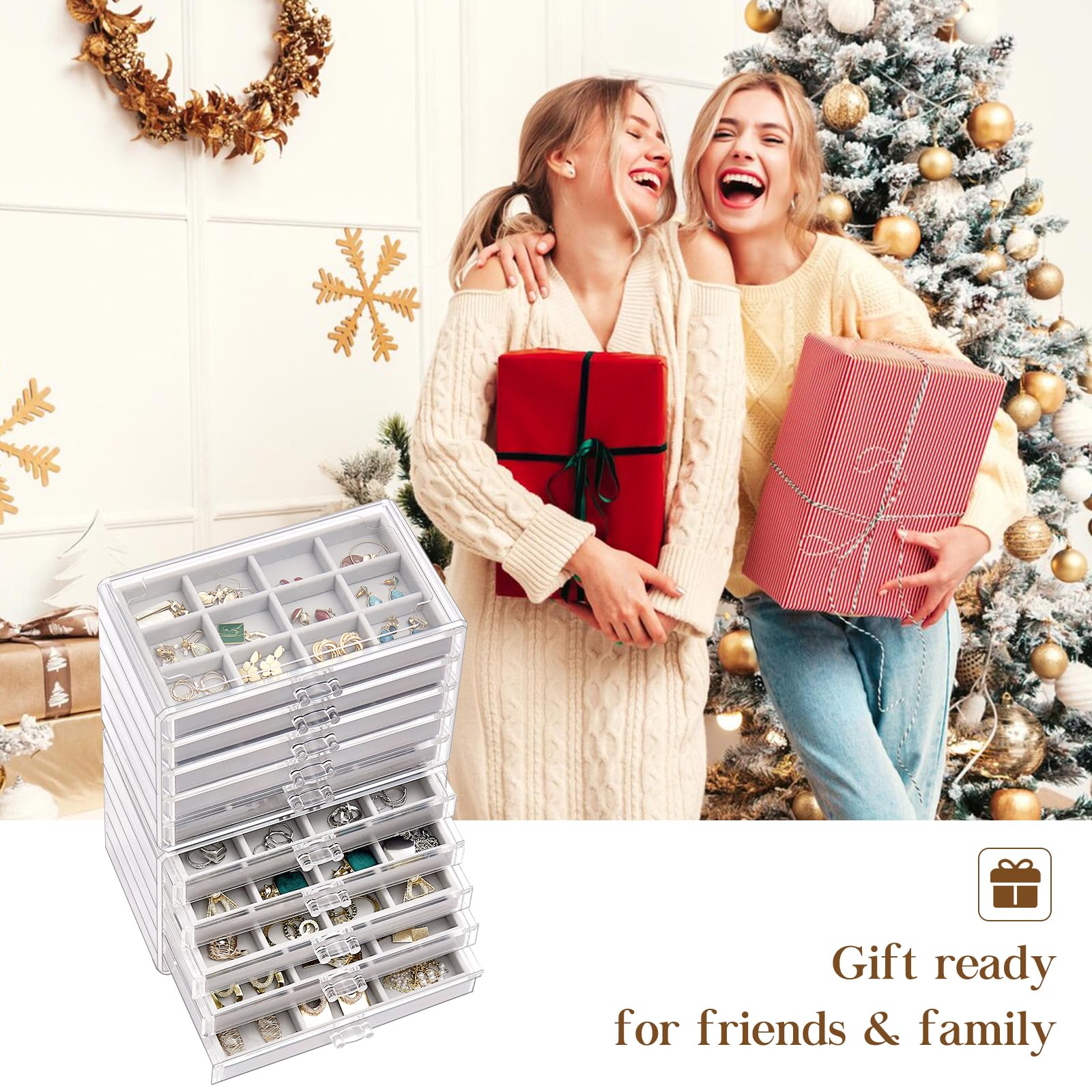 ProCase Earring Holder Organizer Jewelry Box with 10 Drawers, Acrylic Clear Earring Case with Adjustable Velvet Trays for Women - Grey, 10 Layers