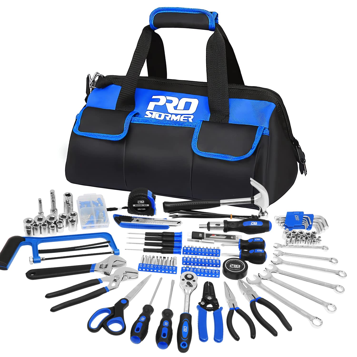 Prostormer 198-Piece General Household Hand Tool Set, Multi-Purpose Basic Home Repair Tool Kit with Wide Mouth Open Storage Tool Bag for DIY and Home Maintenance