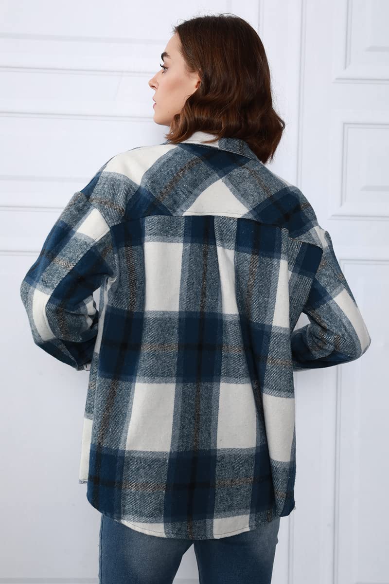 Trendy Queen Womens Casual Plaid Shacket White Button Down Shirt Long Sleeve Shirts Fall Jacket Shackets,Blue