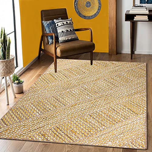Casavani Indian Hand Braided Rag Rug Geometric Yellow & Multicolor Chindi Cotton & Jute Rug Indoor Hall Room Decor Carpet Rugs For Bedroom,Nursery Room 11x11 Feet Square