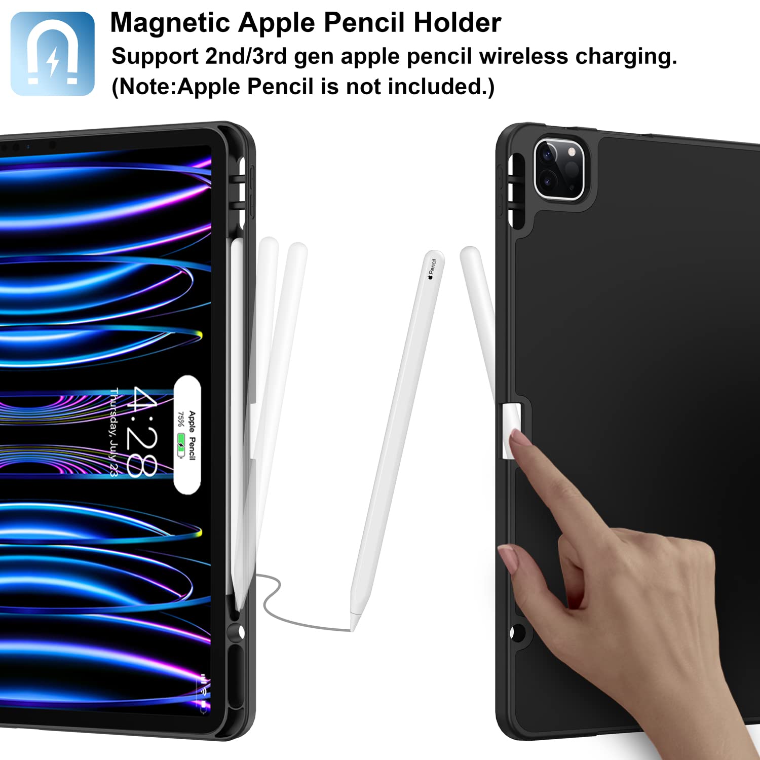 Supveco New iPad Pro 12.9 Inch Case 2022/2021 (6th/5th Gen) with Pencil Holder [Support iPad 2nd Gen Pencil Charging/Pair],Trifold Stand Smart Case with Soft TPU Back,Auto Wake/Sleep-(Black)