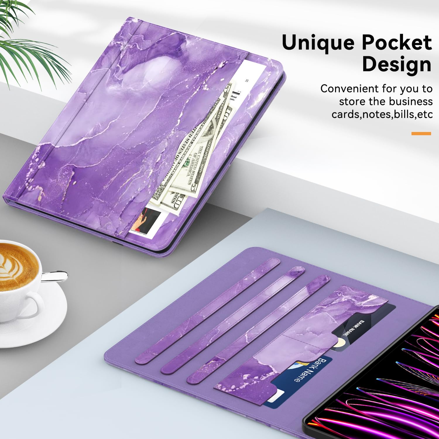 Zonefoker Case for New iPad Pro 12.9 inch 6th/5th/4th/3rd Generation 2022/2021/2020/2018, 12.9'' ipad Pro Leather Folio Protective Cover 6/5/4/3 Gen with Pencil Holder, Auto Wake/Sleep, Marble Purple