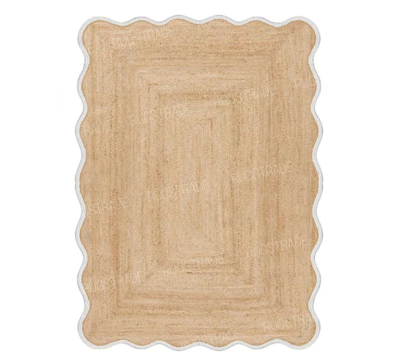 Laxmi Exports Natural Jute Wave Scalloped Rug Bohemian Rug Decor Rug Handwoven Rug Custom Rug Decorative Rug (White-9x11 Ft)