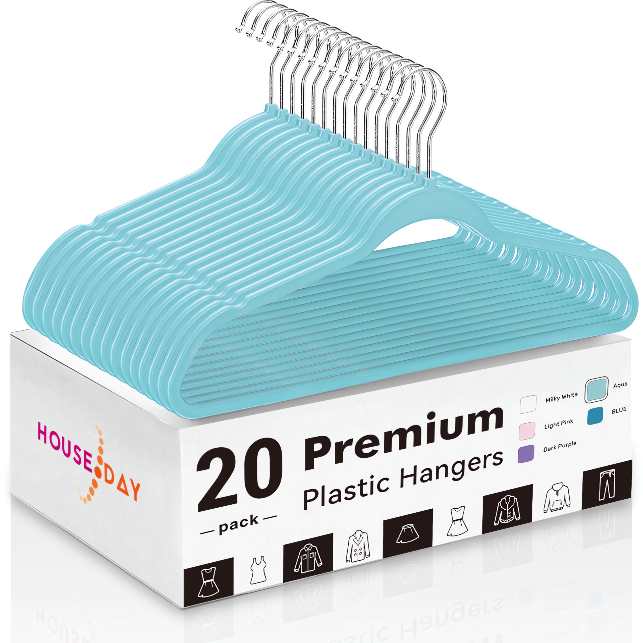 HOUSE DAY 20 Pack Plastic Hangers, Aqua Hangers Extra Wide Hangers with 360 Swivel Hook, Space Saving Hangers for Shirts, Pants, Heavy Duty Hangers for Coat, Suit