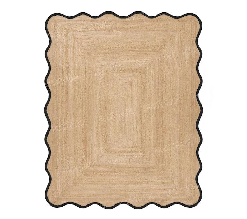 Rug World Natural Jute Wave Scalloped Rug Bohemian Rug Decor Rug Handwoven Rug Custom Rug Decorative Rug (Black-9x11 Ft)