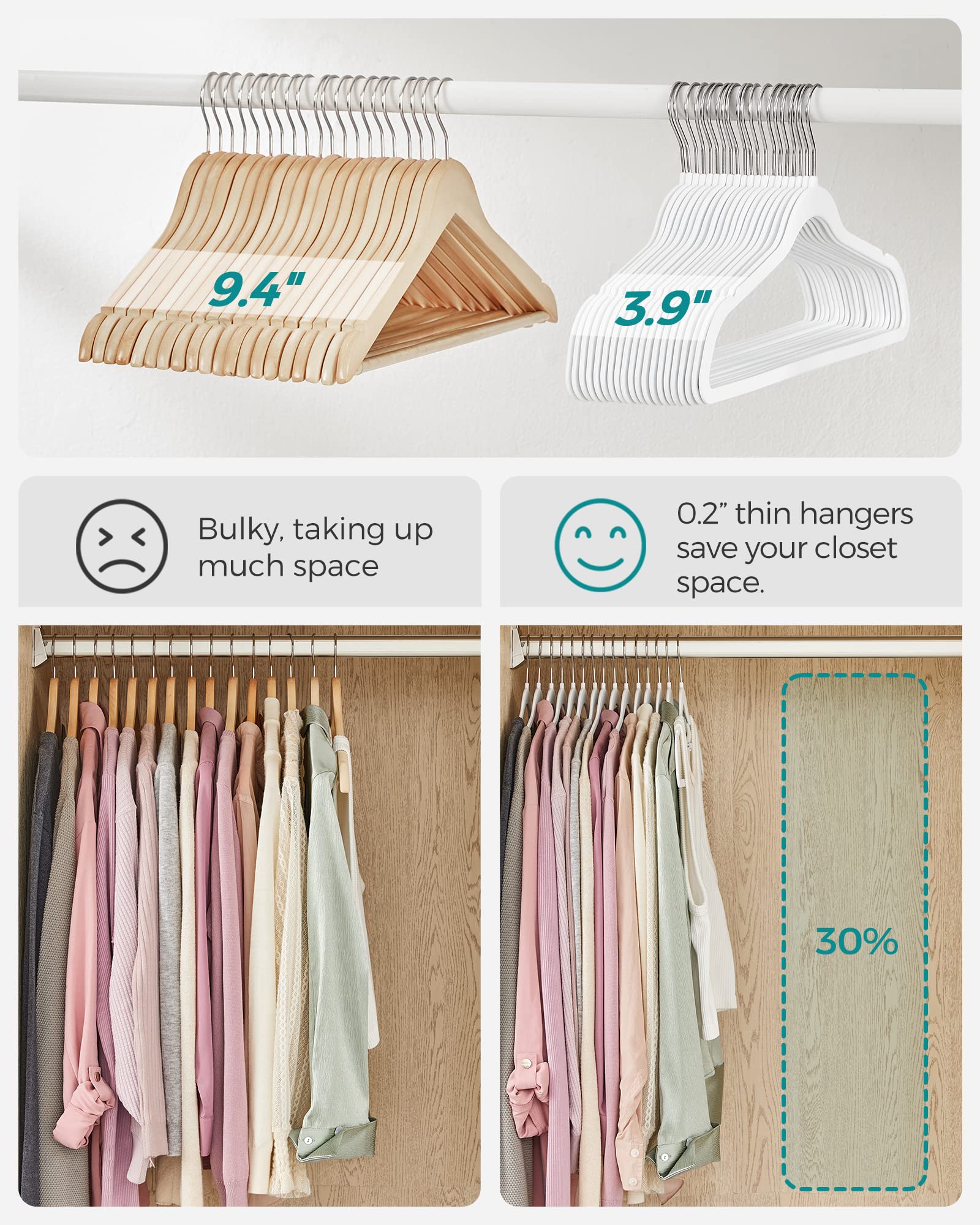 SONGMICS Rubber-Coated Plastic Hangers, 50 Pack Non-Slip Coat Hangers, Space-Saving Slim Clothes Hangers, 360 Degree Swivel Hooks, Shoulder Notches, White UCRP008W05