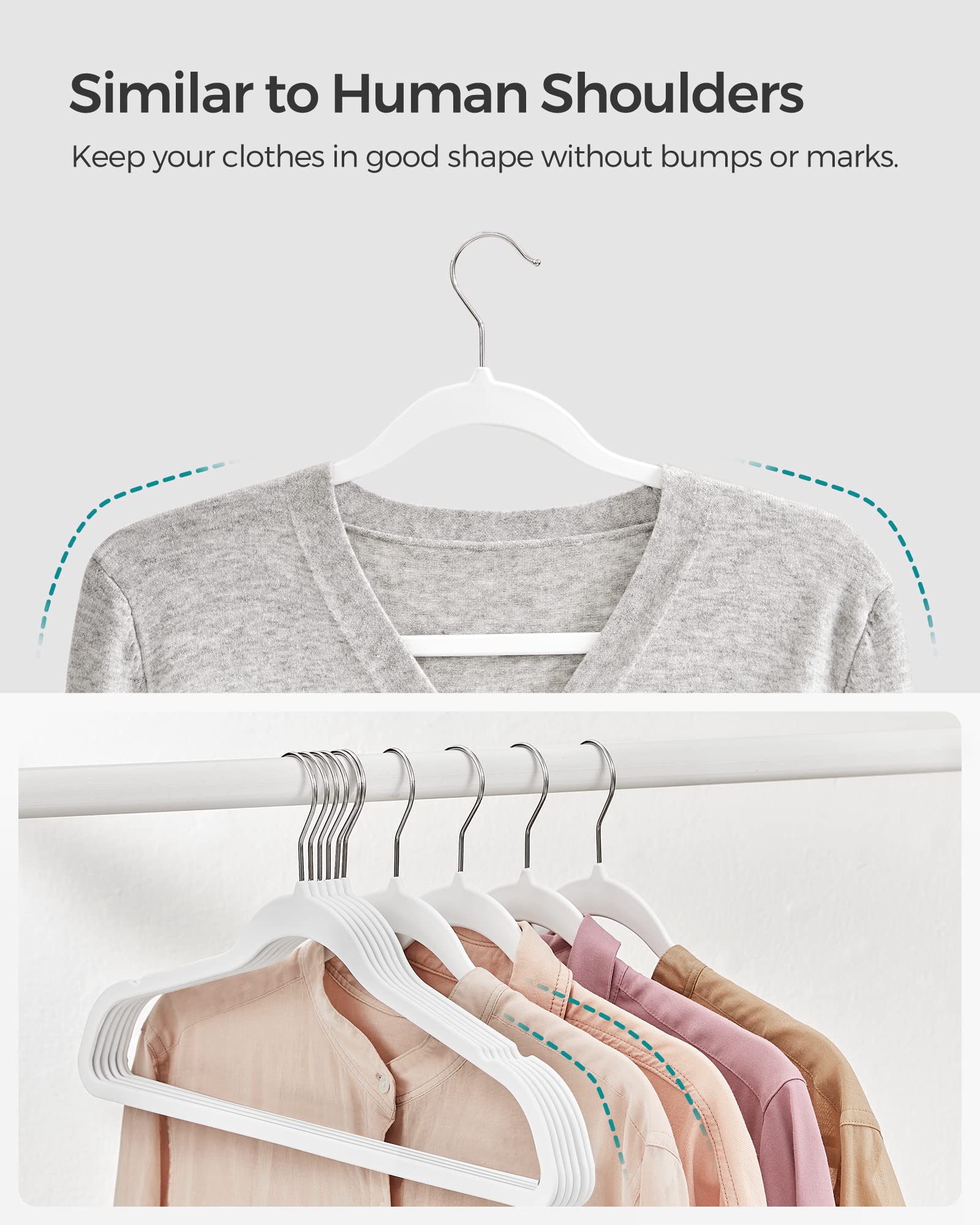 SONGMICS Rubber-Coated Plastic Hangers, 50 Pack Non-Slip Coat Hangers, Space-Saving Slim Clothes Hangers, 360 Degree Swivel Hooks, Shoulder Notches, White UCRP008W05