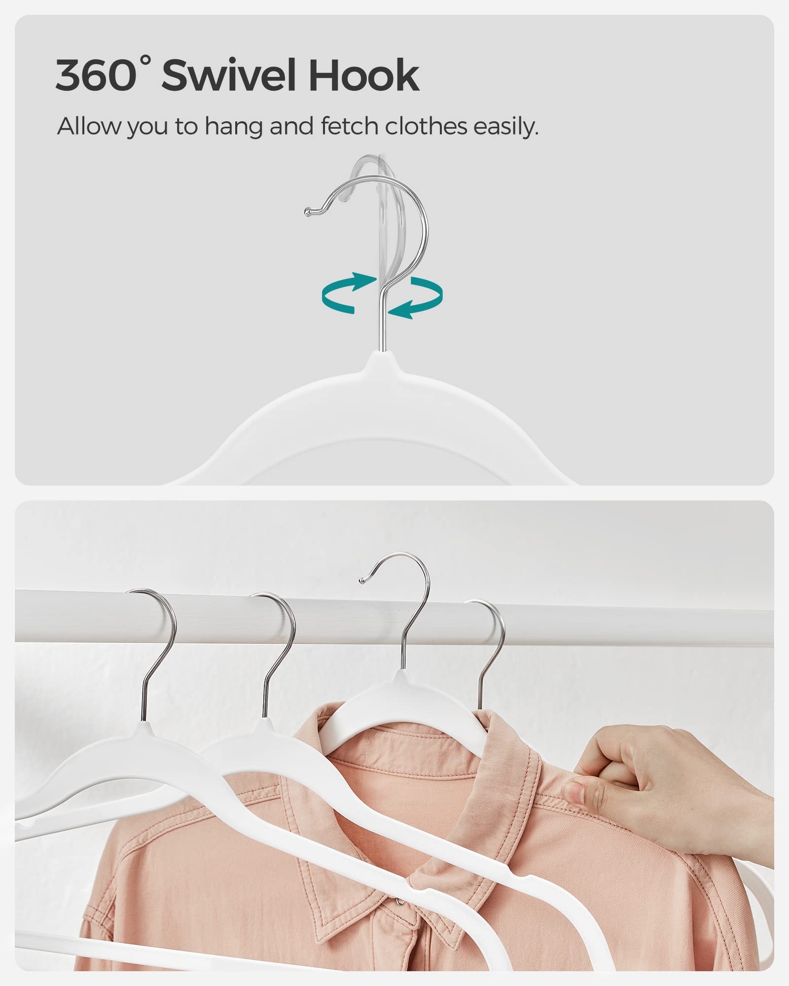 SONGMICS Rubber-Coated Plastic Hangers, 50 Pack Non-Slip Coat Hangers, Space-Saving Slim Clothes Hangers, 360 Degree Swivel Hooks, Shoulder Notches, White UCRP008W05