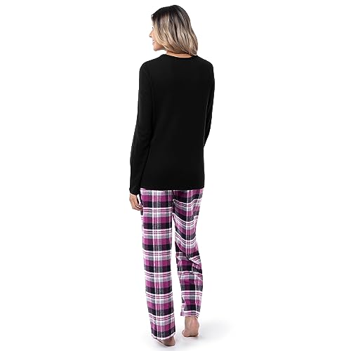 Fruit of the Loom Women's Waffle V-Neck Top and Flannel Pant Sleep Set, Black/Berry Plaid, Medium